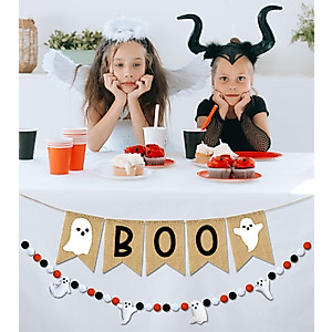 PTFNY Halloween Banner Burlap Boo Banner Ghost Felt Ball Banner Happy Halloween Banner Halloween Decor for Party Halloween Birthday Decorations