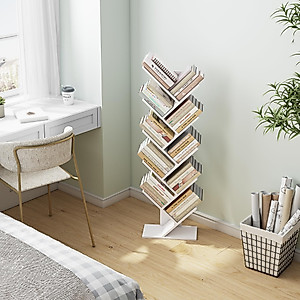 Hoctieon 10 Tier Tree Bookshelf, 10 Shelf Bookcase, Free Standing Tree Bookcase, Display Floor Standing Shelf for Books, Book Shelf Organizer, White