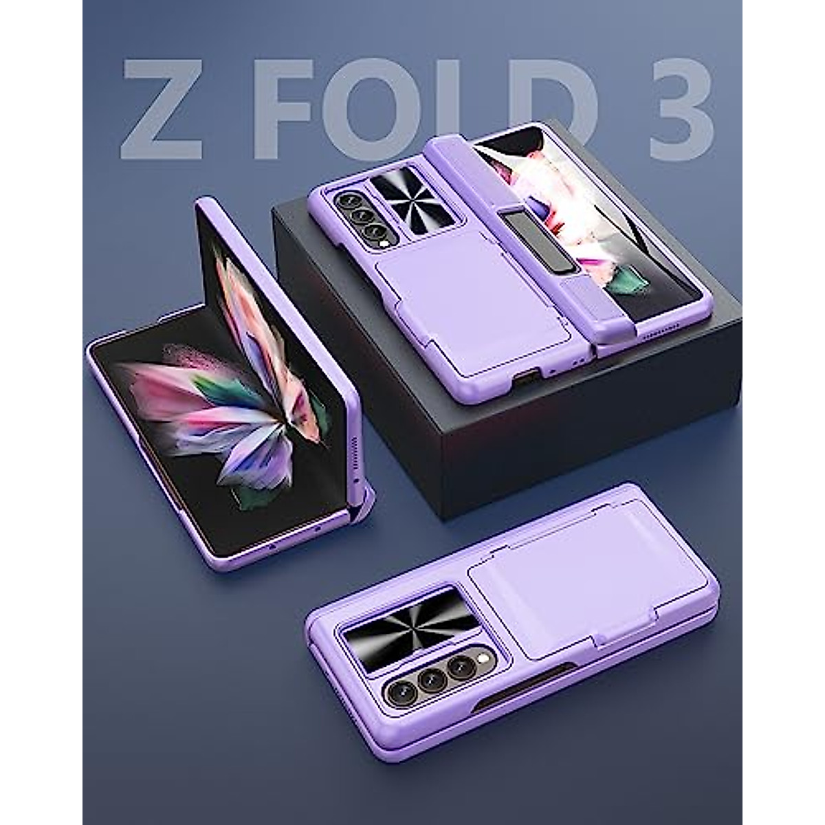Viaotaily for Galaxy Z Fold 3 Case with Kickstand & Hinge Protection & Screen Protector, Built-in Credit Card Holder & Sliding Camera Lens Cover, Sturdy Wallet Phone Case for Samsung Z Fold 3, Purple