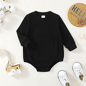 OPAWO Baby Sweatshirt Romper Onesie Newborn Boy Girl Bubble Romper Infant Crewneck Oversized Sweater Long Sleeve Pocket Bodysuit Fall Winter Clothes Outfits(Black,6-9Months)