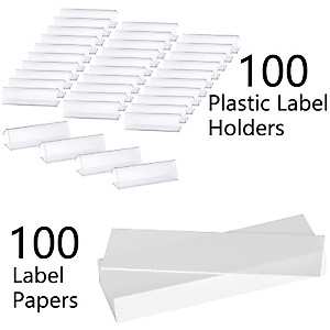 Hedume 100 Pcs Plastic Label Holder with 100 Pcs Label Inserts, 3" L x1" H Clear Plastic Shelf Label Holder, Shelf Sign and Ticket Holder, Clips On to Shelves 5/8" to 3/4" Thick