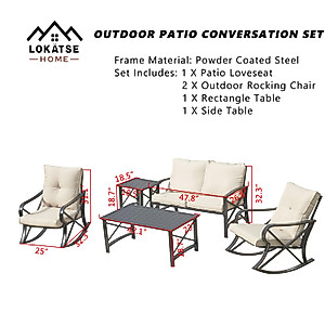 LOKATSE HOME 5 Pieces Outdoor Loveseat Set Rocking Chairs Patio Conversation Furniture Metal Bench with Cushion & Coffee Table, Khaki