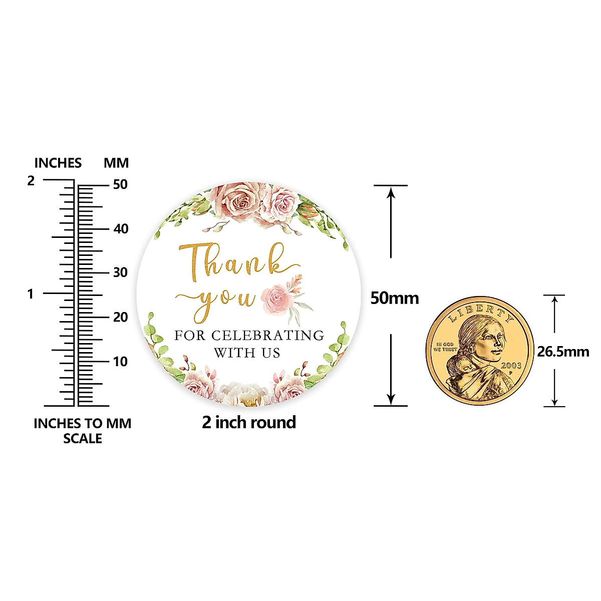 80 Floral Thank You Stickers, Bridal Shower Flower Thank You Stickers, Girl's Birthday Rose Favor Labels Stickers(2 Inch)