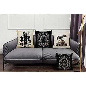 Gothic Themed 18’’X18’’Set of 4 Gothic and Tarot Goat Owl and Horses Crow On A Skull Macabre Memento Mori Art Decorative Throw Pillow Case,Gothic Home Girls Room,Gifts for Wife Sister Gothic Lover