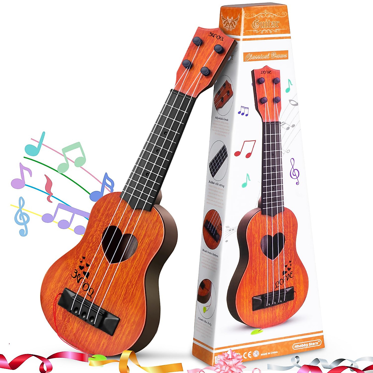 Kids Guitar Musical Toy Ukulele Classical Instrument(Brown), Wooden Play Guitar for Kids Aged 3 4 5 6 7 8 Year Old