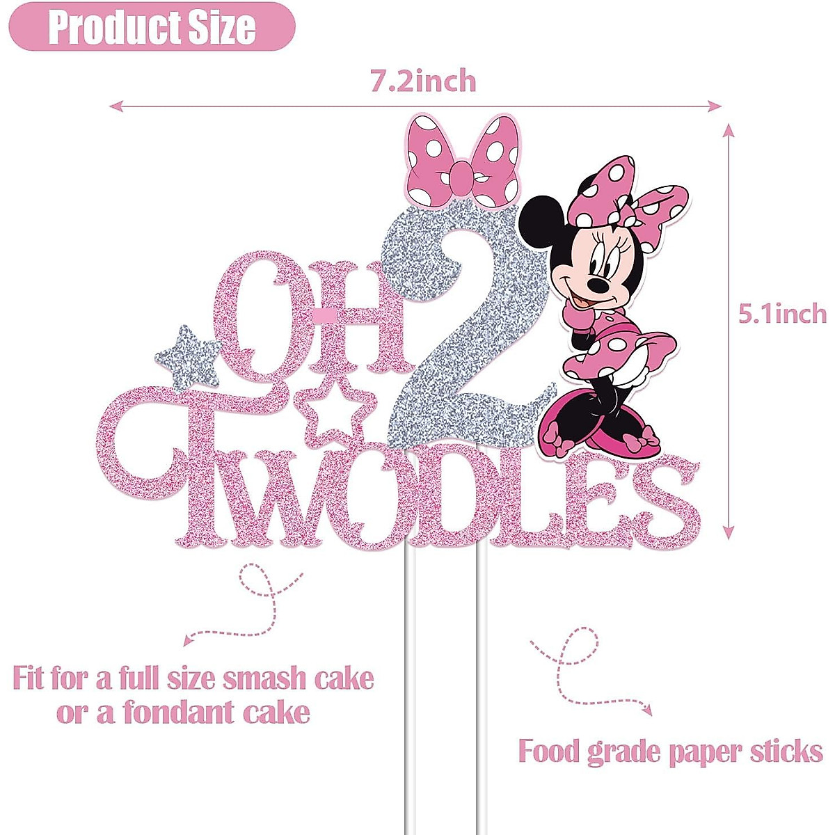 Mouse Oh Twodles Cake Topper for Girls, Pink Glitter Mouse Second 2nd Birthday Cake Topper with Pink Bows for Girls Birthday Party Decorations Supplies(Double-sided), Silver&pink (Silver&pink)