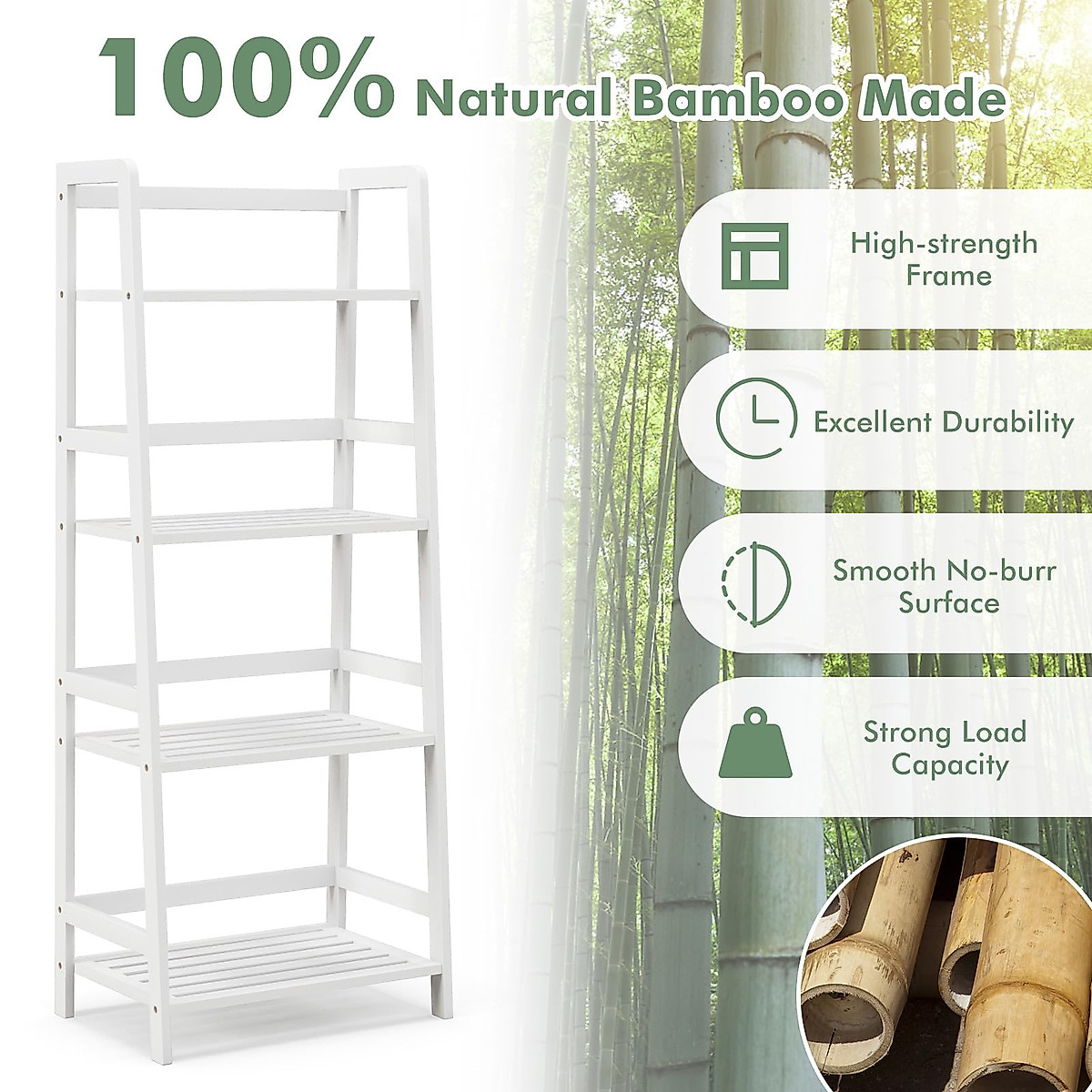 COSTWAY 4-Tier Ladder Shelf, 47.5'' Bamboo Plant Stand Rack, Freestanding Bookshelf, Multifunctional Plant Display, Storage Shelves, Flower Stand Rack Holder for Living Room Balcony, Bedroom (White)