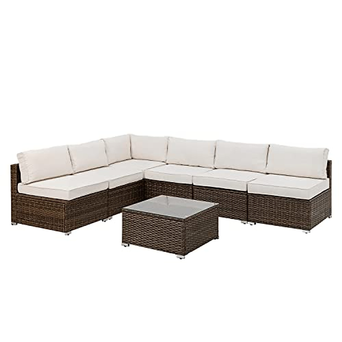 HOMPUS 7-Piece Outdoor Handwoven PE Rattan Wicker L-Shaped Corner Conversation Set Furniture Brown Patio Sectional Sofa Set w Beige Seat Cushions, Glass Coffee Table for Garden,Yard,Pool