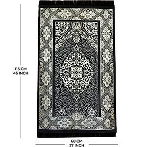 Prayeristan Muslim Prayer Rug - Prayer Mat with Gift Prayer Beads & Special Kaaba Box - Islamic Rugs for Men and Women - Portable & Travel Prayer Mat - Ramadan & Islamic Gifts (Black-Gold)