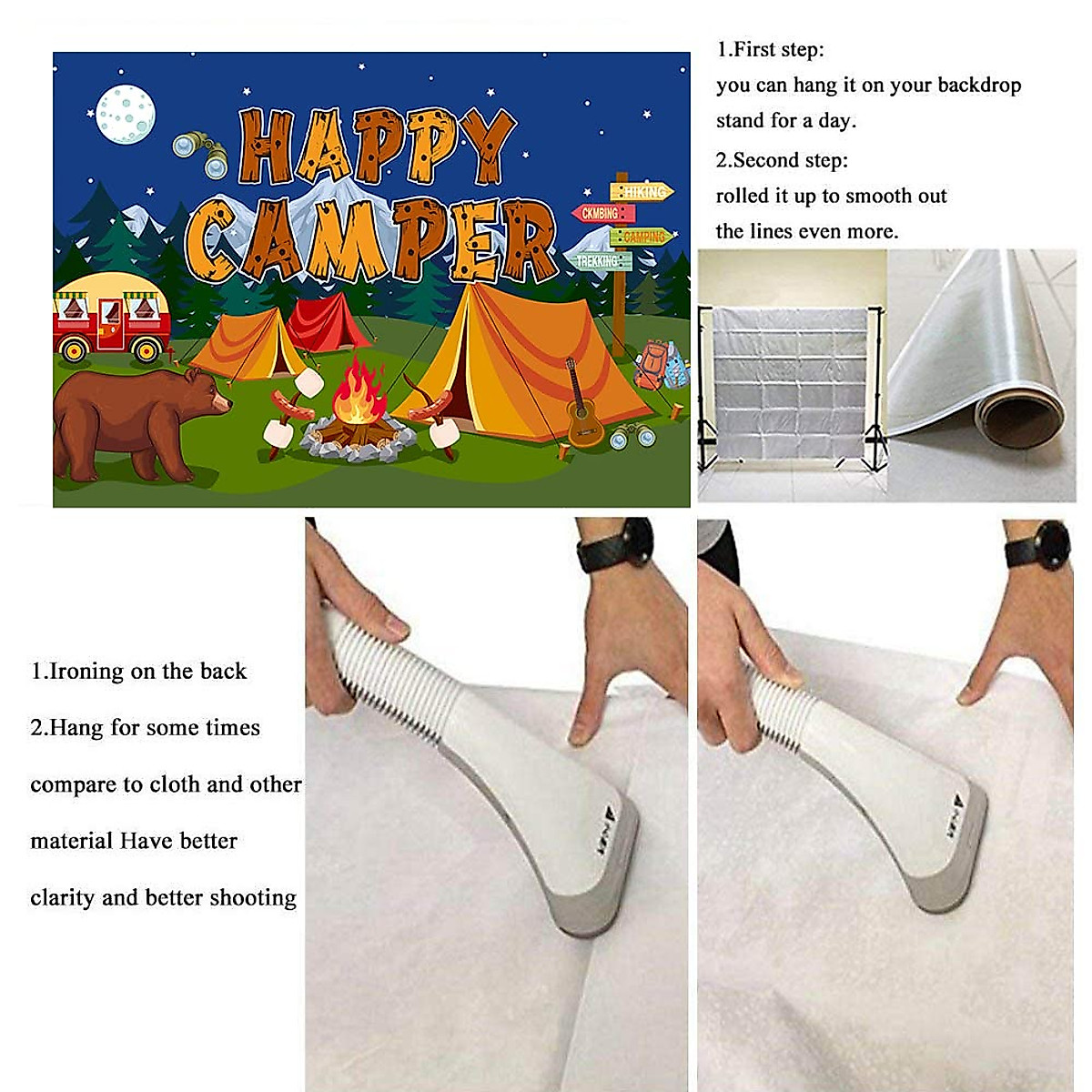 Camping Backdrop Forest Camping Adventure Happy Camper Photography Backdrops for Camping Birthday Party Decoration Camping Theme Photo Background (6x4ft(70x40inch))