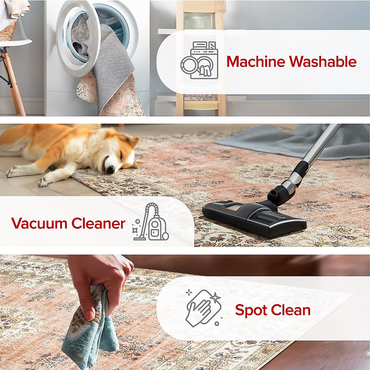 nuLOOM Ren Vintage Floral Machine Washable Ultra Thin Area Rug, 4x6, Peach