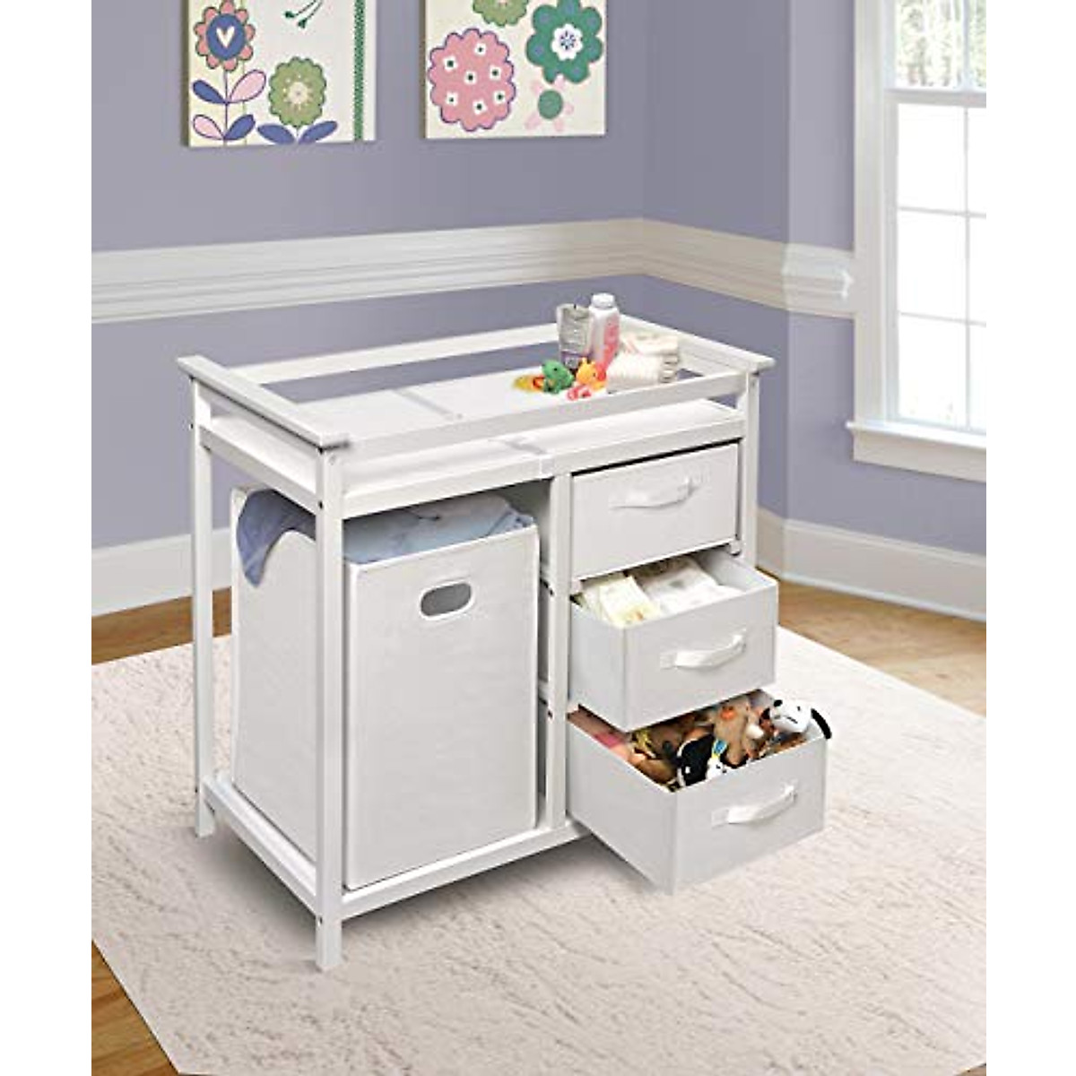 Modern Baby Changing Table with Laundry Hamper, 3 Storage Baskets, and Pad