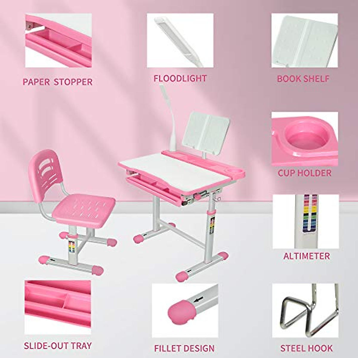 Diroan Kids Functional Desk and Chair Set, Ergonomic Height Adjustable Children School Study Desk with Tilt Desktop, Book Stand, LED Light, Metal Hook and Storage Drawer for Boys Girls(Pink)