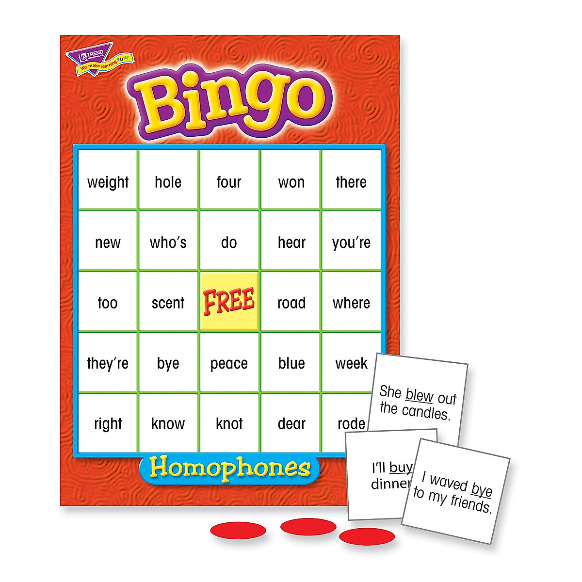 Trend Enterprises: Homophones Bingo Game, Exciting Way for Everyone to Learn, Play 8 Different Ways, Great for Classrooms and at Home, 2 to 36 Players, for Ages 8 and Up