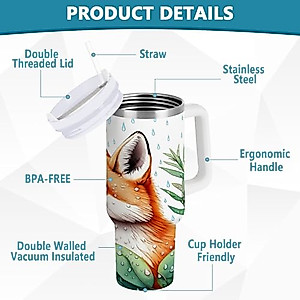 RPLIFE Cute Fox Green Leaves Tumbler, Stainless Water Bottle, Drinking Cups with Lids and Straws