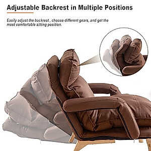 CLIPOP Modern Living Room Accent Chair with Ottoman, Comfy Linen Armchair with Adjustable Backrest(5 Angles), Solid Wood Legs, Leisure Upholstered Single Sofa Chair with Footrest, Brown