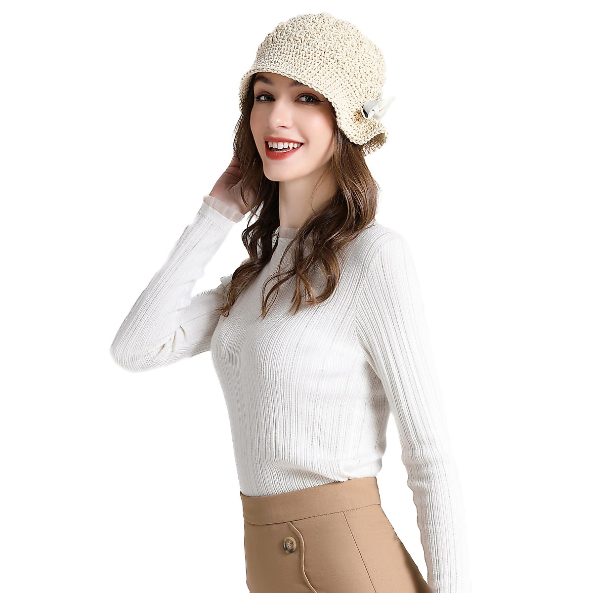 ZLYC Women Winter Crochet Bucket Hat Handmade Cotton Knit Cloche Bowler Hats (Bow Beige)