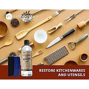 Kate Naturals Mineral Oil for Cutting Board 8oz with Wax Applicator. Food Grade & Food Safe Mineral Oil to Protect Wood on Cutting Boards & Butcher Blocks