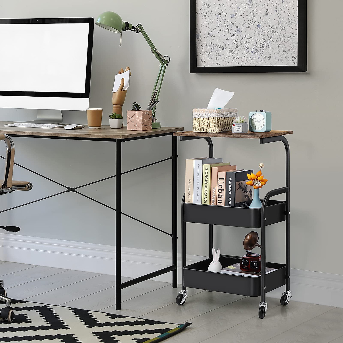 smusei 3 Tier Rolling Cart with Wooden Tabletop, Metal Utility Cart with Lockable Wheels, Black Rolling Storage Organizer Cart with 2 Baskets for Living Room, Bathroom, Bedroom, Office, Kitchen