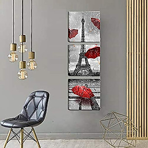 Meiji Paris Eiffel Tower Canvas Wall Art Decor Red Umbrellas Poster Prints Pictures Artwork for Living Room Ready to Hang (Red, 12X12inchx3 (30x30cmx3))