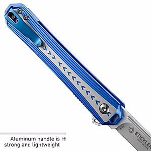 Columbia River Knife & Tool Stickler Folding Pocket Knife: Assisted Open Everyday Carry, Sandvik 12C27 Plain Edge Blade, Liner Lock, Aluminum Handle 6710, Blue & silver