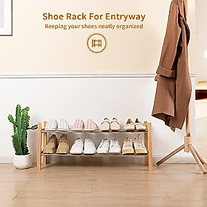 Nroech Expandable Shoe Rack Storage Organizer-Adjustable 2 Tier Wood and Metal Shoe Shelf Heavy Duty Free Standing Shoe Rack for Closet Bedroom Entryway (Natural)