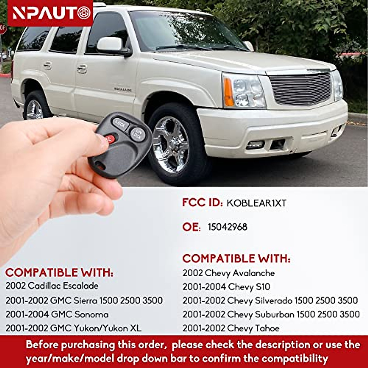 NPAUTO Key Fob Replacement Fits for Chevy Silverado Suburban GMC Sierra 1500 2500 3500 2001-2002 Tahoe Avalanche S10 GMC Sonoma Yukon XL Cadillac Escalade Keyless Entry Remote Control, 15042968,2-Pack