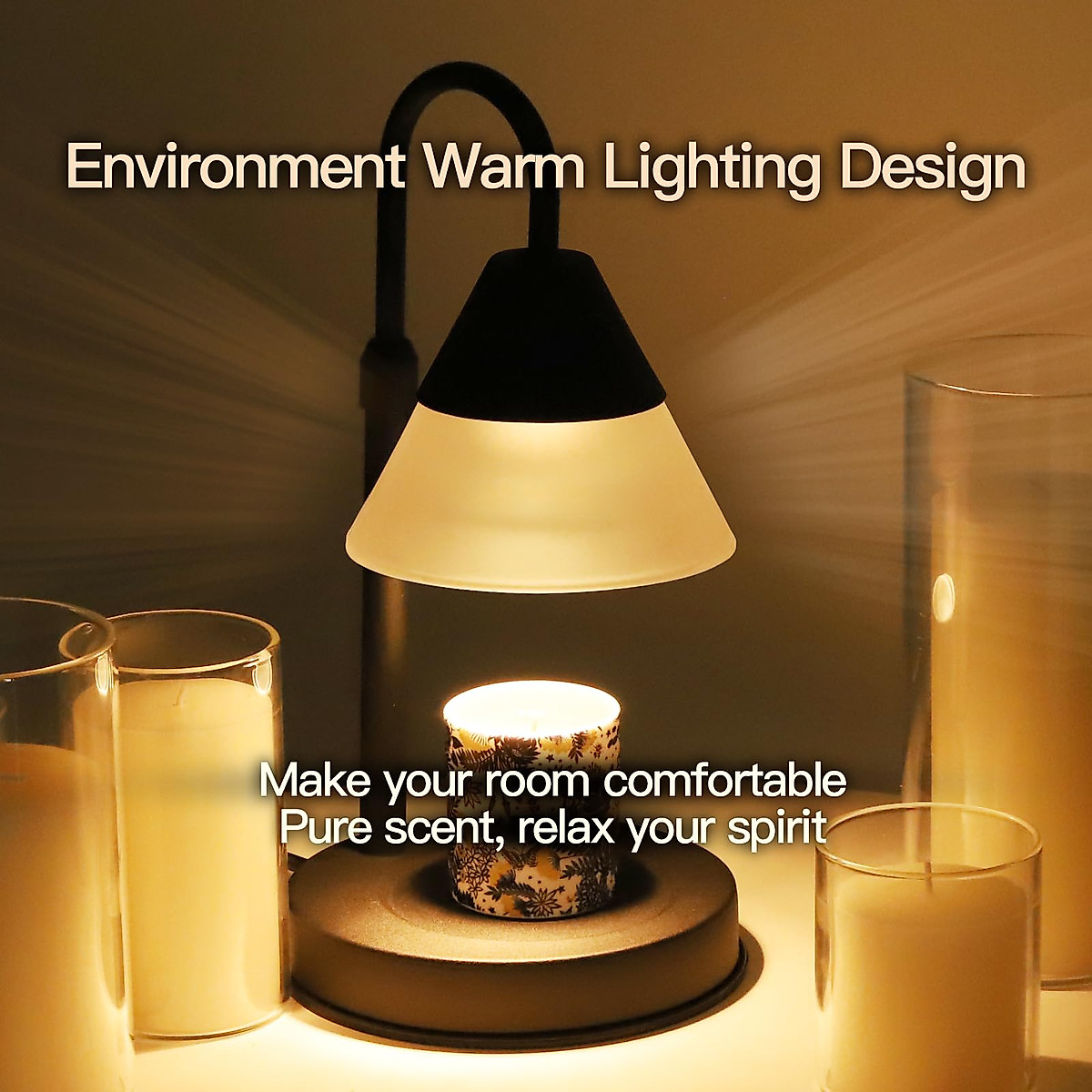 Dimmable Candle Warmer Lamp, Candle Melter with Adjustable Height & Heat, Electric Metal Top-Down Light Heat Melting Wax Fits Large Jar, Scented Candle Holder for Christmas Gift, Black