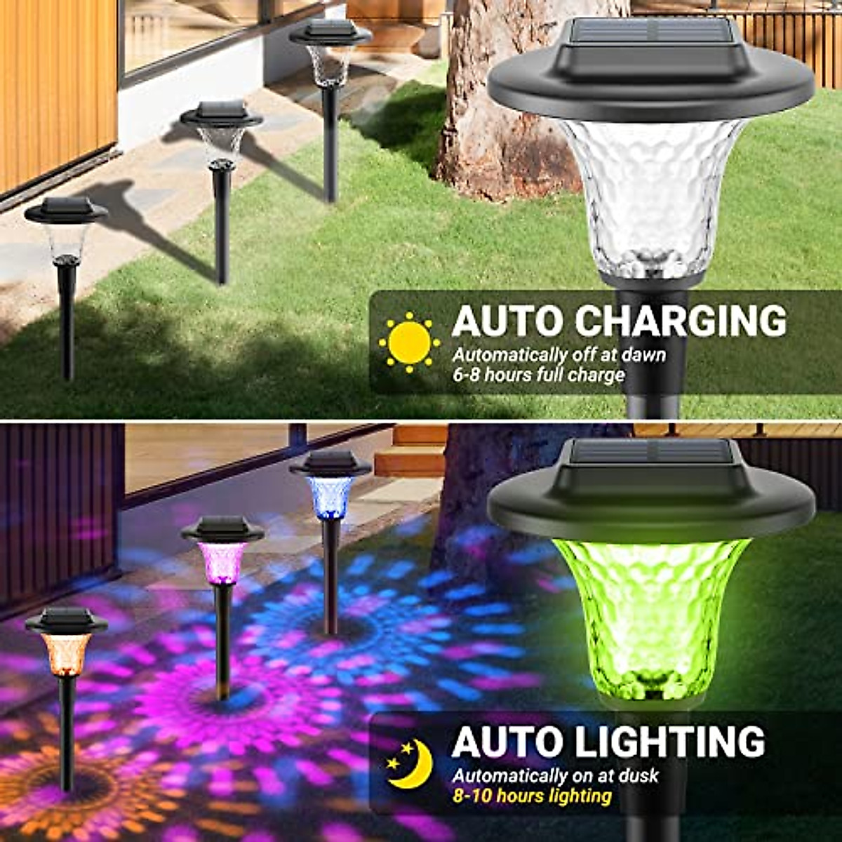 Sparkling Wonderful Solar Pathway Lights, 6 Pack Garden Solar Outdoor Lights IP65 Waterproof, 7 Auto Color Changing and Warm Color Solar Powered Landscape Lights for Lawn Walkway Patio Yard