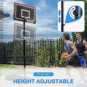 Basketball Hoop Outdoor, 7-10ft Height Adjustable Basketball Hoop with 44in Shatterproof Backboard and Wheels for Teenagers Adults Outdoor Indoor, Portable Basketball Goal Basket Balls Outdoor Hoop