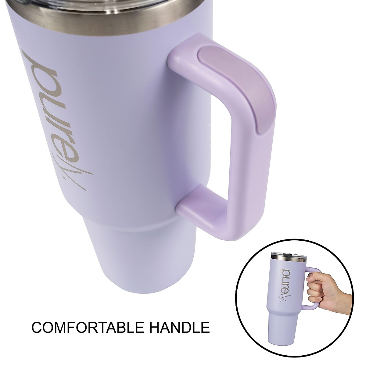 PURELY 40 oz Ceramic Lined Insulated Tumbler with Handle, Leak Resistant 2-way Lid and Straw, Ceramic Lined Travel Mug (Purple, 40oz)