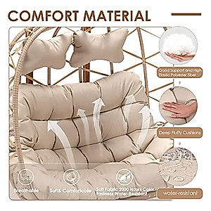 RADIATA Double Egg Chair with Stand Luxury Outdoor Patio Wicker Loveseat Hanging Swing Chairs Resistant Cushions Metal Frame 500 lbs Capaticy for 2 Persons Backyard Balcony Beige Beige Rattan