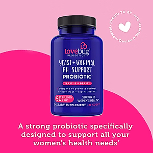 Lovebug Yeast + Vaginal pH Support | Clinically Studied Ingredients for Yeast & UTIs | Multi Strain 50 Billion CFU | 30 Capsules