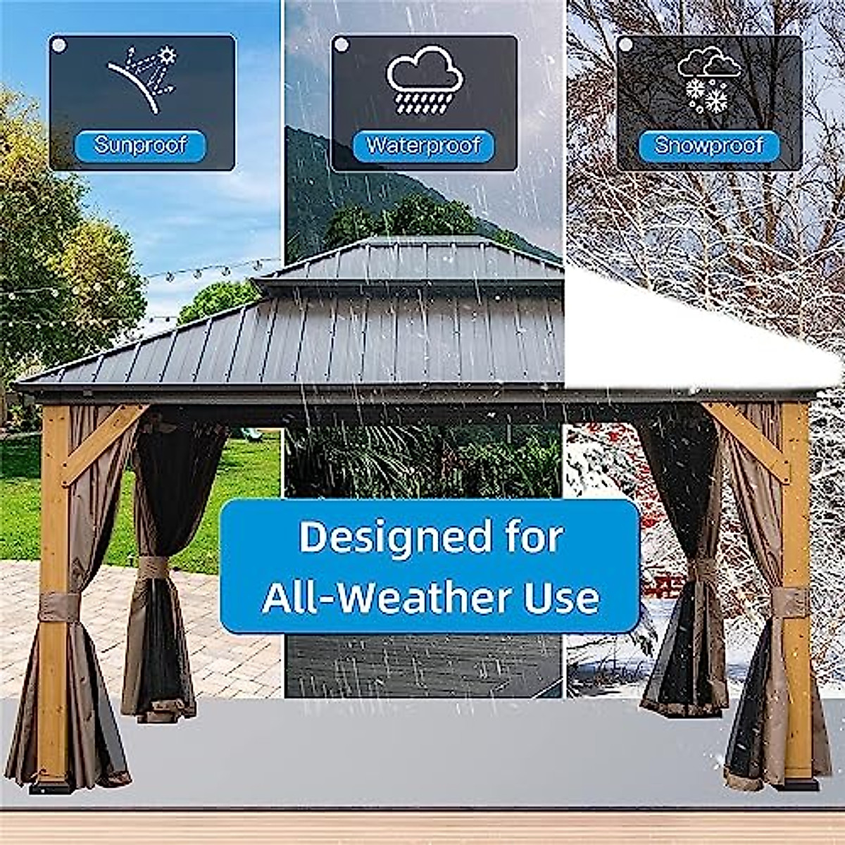 RITSU 12'x14' Gazebo, Hardtop Cedar Wood Frame Outdoor Canopy with Galvanized Steel Double Roof, Outdoor Permanent Metal Pavilion with Curtains and Netting for Patio, Backyard and Lawn, Brown