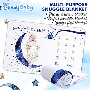 GROWY BABY Monthly Milestone Blanket Boy & Girl - Moon & Owl Baby Monthly Milestone Blanket Baby Boy Gifts - Nursery Decor Newborn Baby Shower Unisex Baby Milestone Blanket Girl - 60"x40"