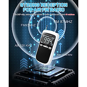Greadio Portable AM FM Radio, Walkman Transistor Battery Radio with Rechargeable 900mAh Battery, Best Reception, Digtal LCD Screen, Time Seting Pocket Mini Radio for Home, Office, Kids (White)