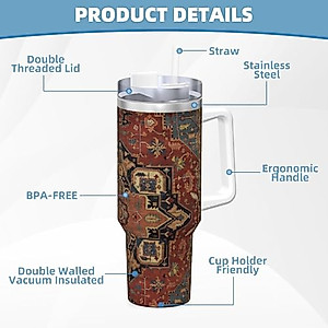 Xiexide 40oz Fits Cup Holder Sports Vintage Antique Oriental Turkish Antique Boho Bohemian Double Walled Vacuum Insulatedith Handle And Straw,Hot & Cold Drinks