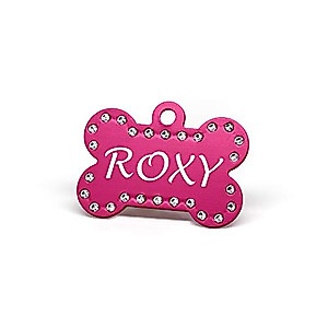 Custom Engraved Pet ID Tags with Swarovski Crystal - 1.5" Long x 1" Tall, Anodized Aluminum, Bone Shape, Pink