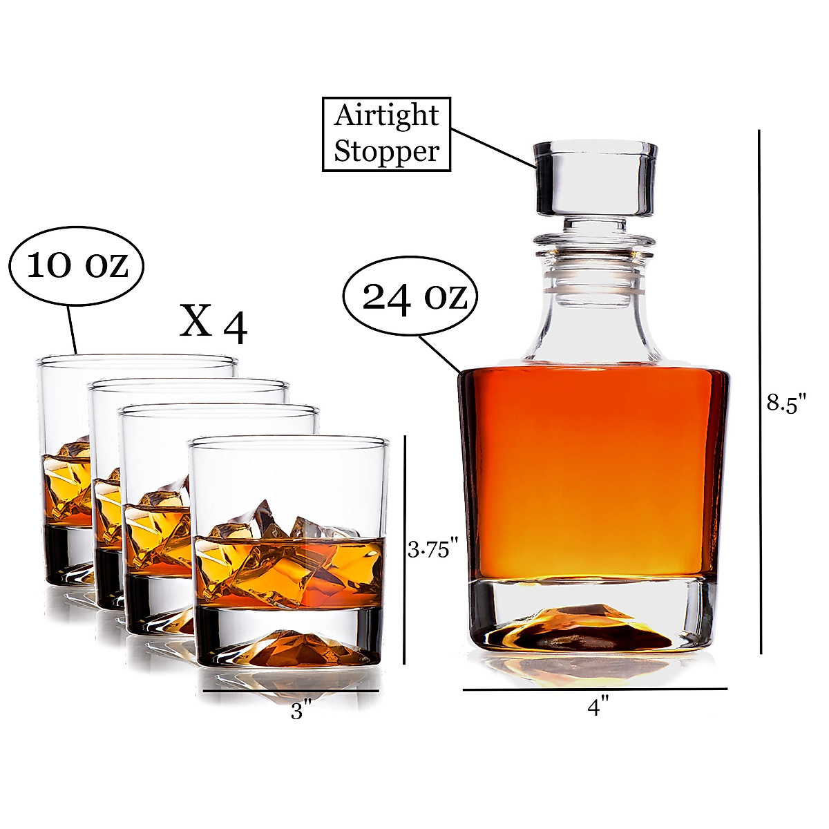 Whiskey Decanter Glasses Gift Set - 4 Whiskey Glasses - Airtight Stopper for Wine, Bourbon, Brandy, Juice, Water - Decanter Sets For Men Christmas Gifts for Dad Boyfriend Husband Him - Bezrat