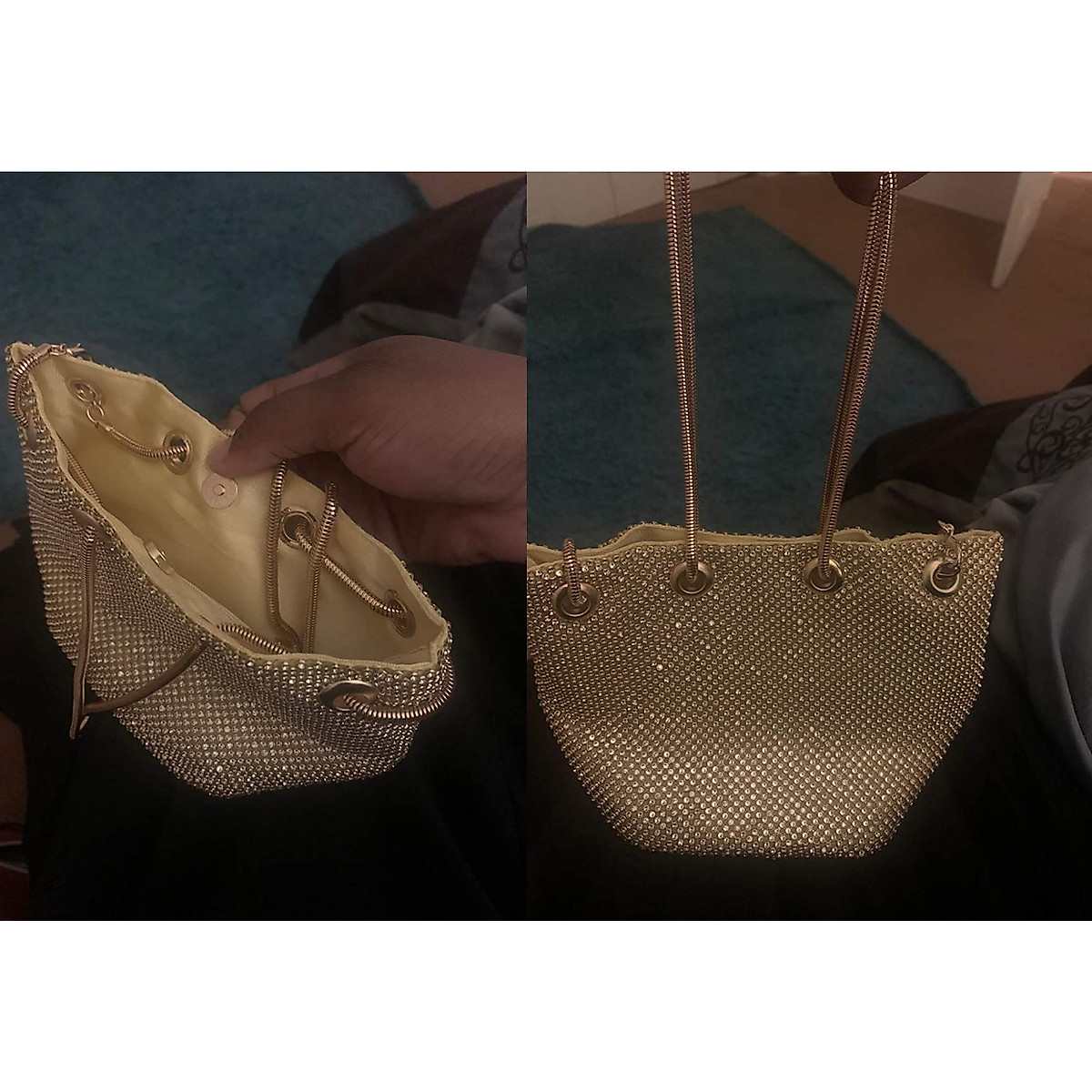 Vgift Evening Purse Women, Rhinestone Bucket Bag Crystal Purse for Wedding Party, Gold