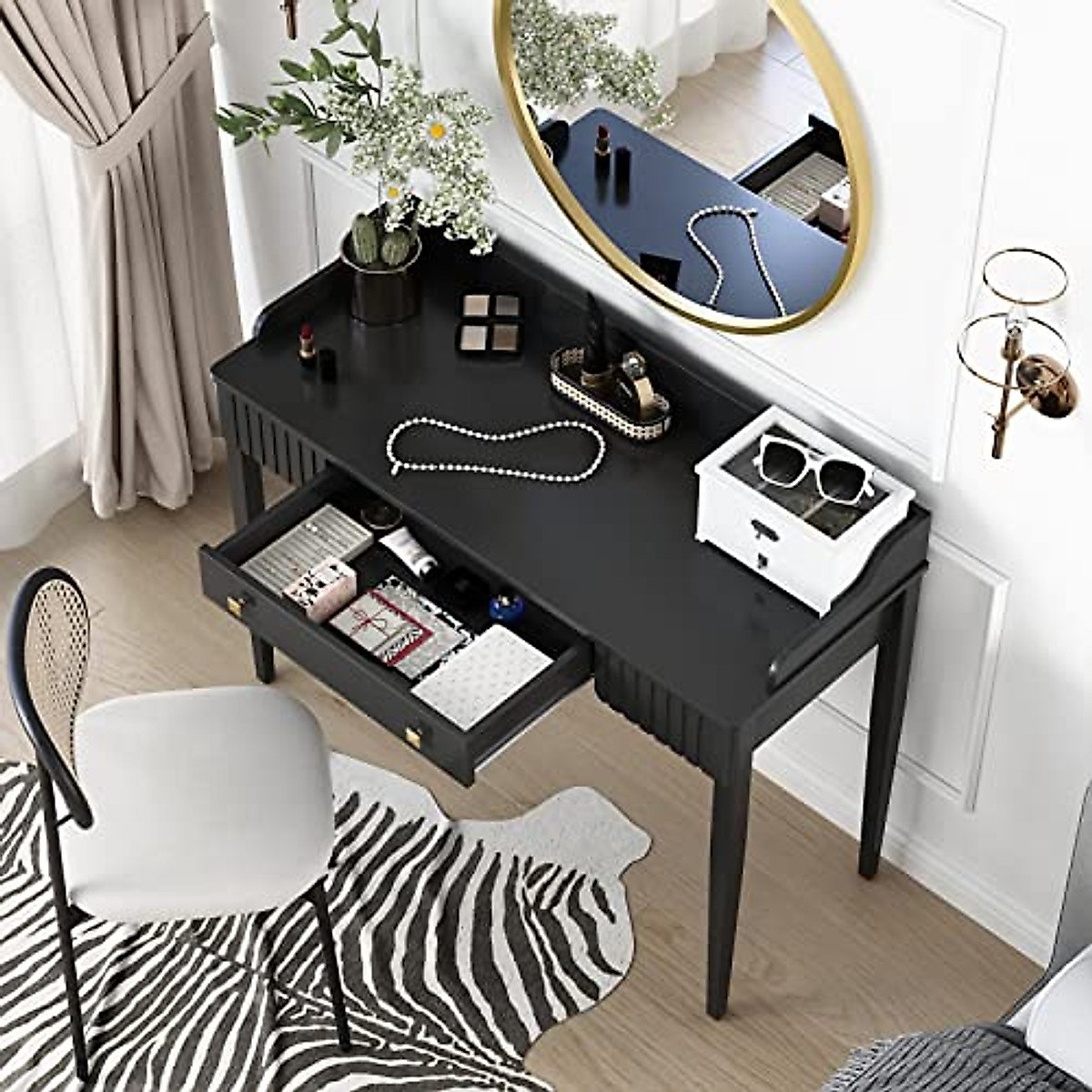 ukorua White Vanity Desk Wooden Desk with Drawer Modern Desk Computer Desk White Makeup Table with Gold Handle (Black)