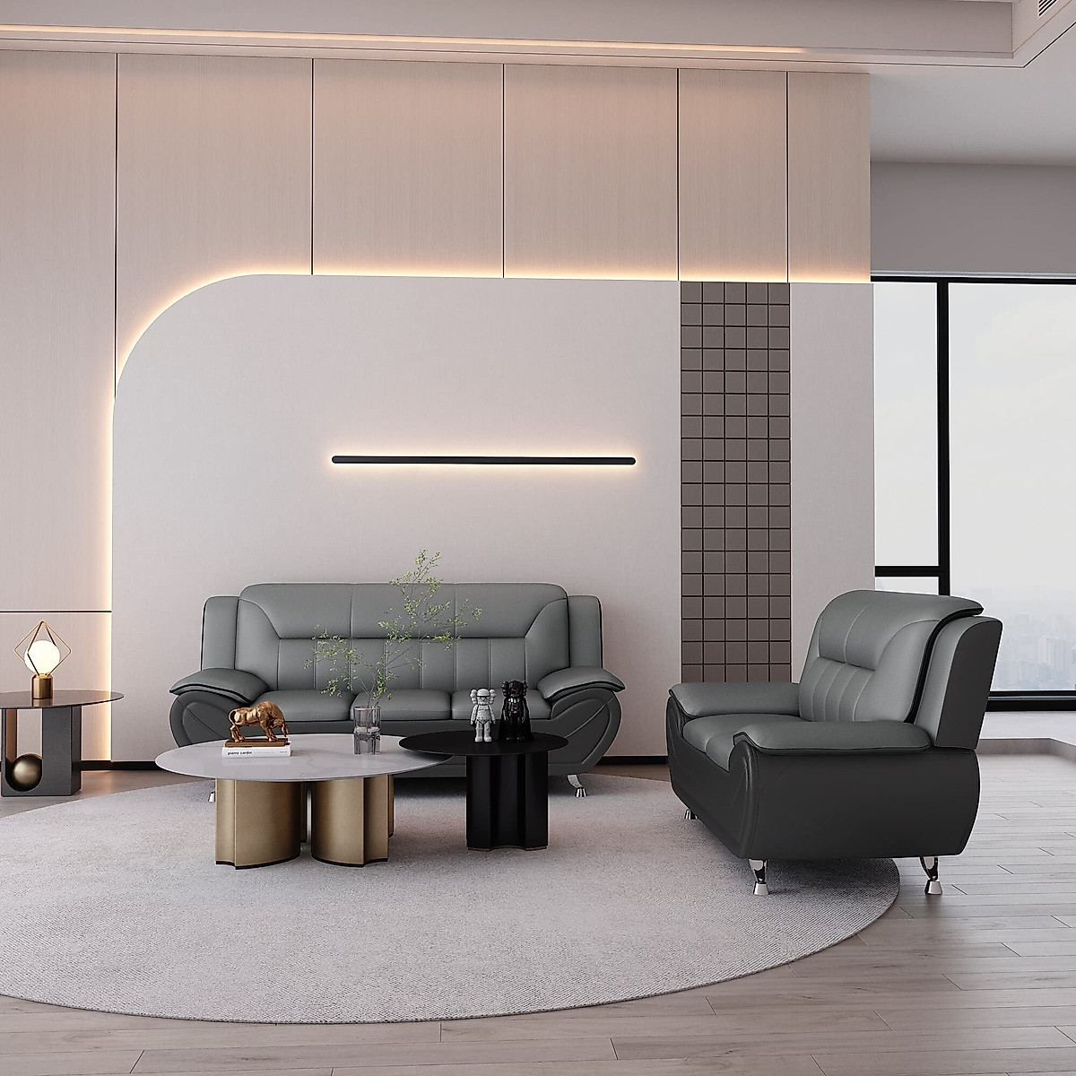 Container Furniture Direct Modern Style Faux Leather Sofa with Extra Comfortable Pillow Top Armrests Ideal for Living Room, Bedroom or Home Office Couch, 79.2’’ Wide, Grey/Black