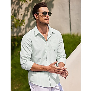 COOFANDY Men Striped Button Down Shirts Slim Fit Untucked Shirt Dress Shirt Jackets Light Green