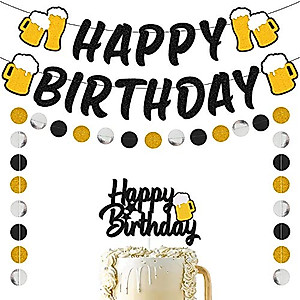 Happy Birthday Banner Cheers for 20 21 24 25 28 30 40 50 60 70 80 Years with Cake Topper Circle Dots Garland for Men Women Him Her Bday Party Supplies Glitter Black Decorations Pre-Strung