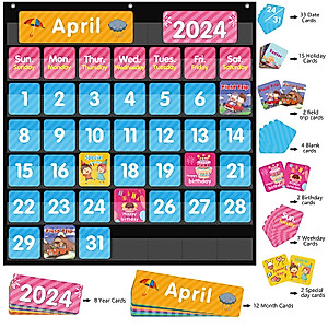 REGELETO Black Calendar Pocket Chart for Classroom with 85 Cards and 3 Hooks, Monthly Calendar and Weather Pocket Chart for Kids Learning for Home or Kindergarten (25” X 24”)