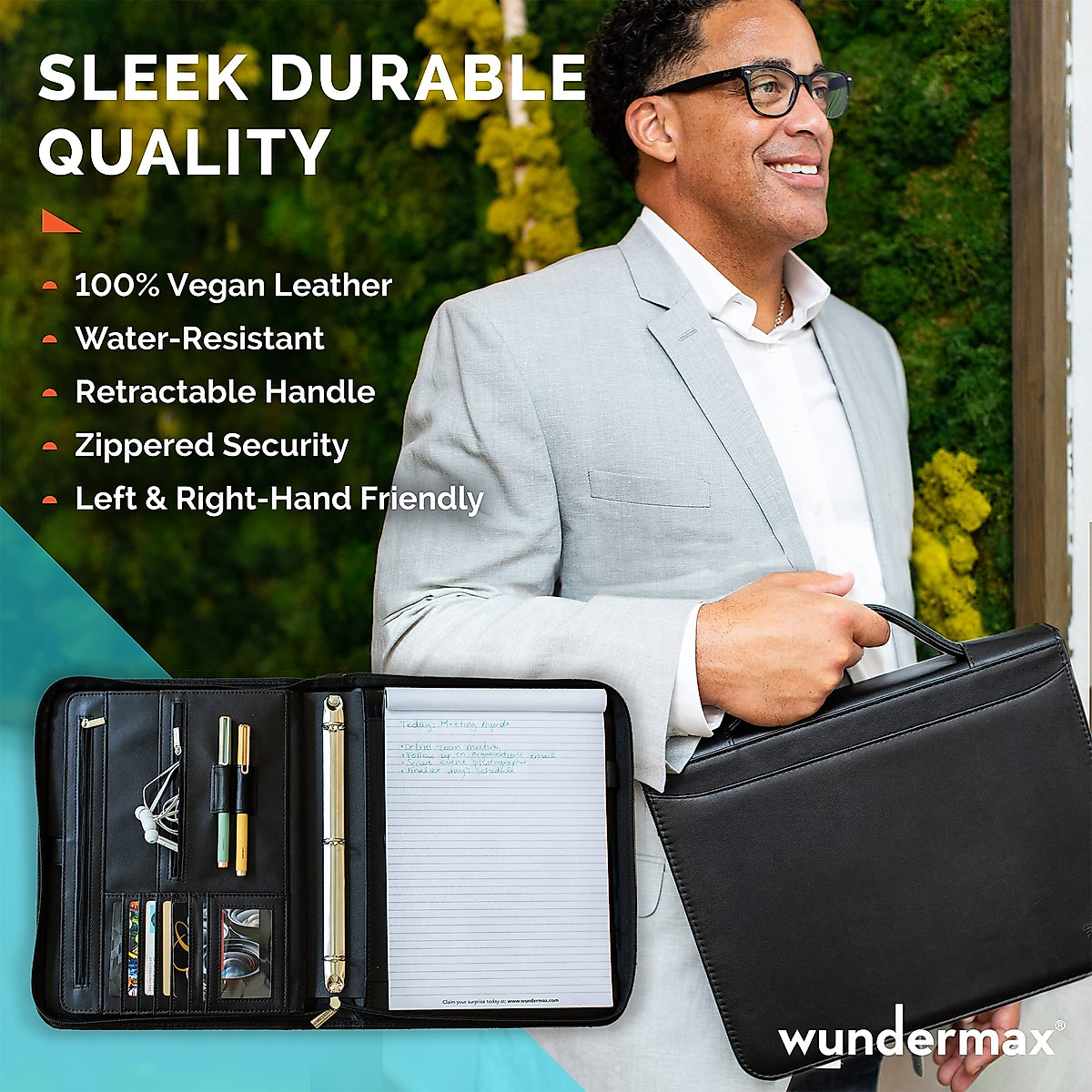 Wundermax Portfolio Binder - 13 x 10.7 x 1.9 Inch, Vegan Leather, 3-Ring Padfolio for Women and Men w/Handle, Zipper, Notepad, Detachable Binder and Pockets for Tablet, Resume and Documents - Black
