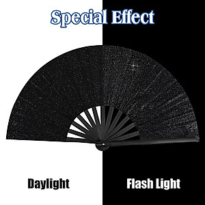 Ripeng 13" Glitter Large Rave Folding Hand Fan Clack Rave Fan for Women with Leg Strap and Fabric Case Bag for Dance, Edm(Black)