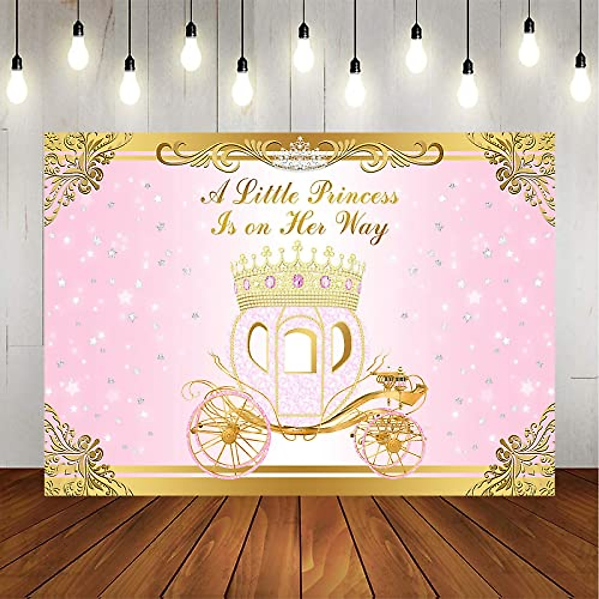 Mocsicka Little Princess Baby Shower Backdrop Pink Princess Carriage Gold Crown Baby Shower Background 7x5ft Silver Little Stars Girls Baby Shower Banner Decorations for Photobooth Props