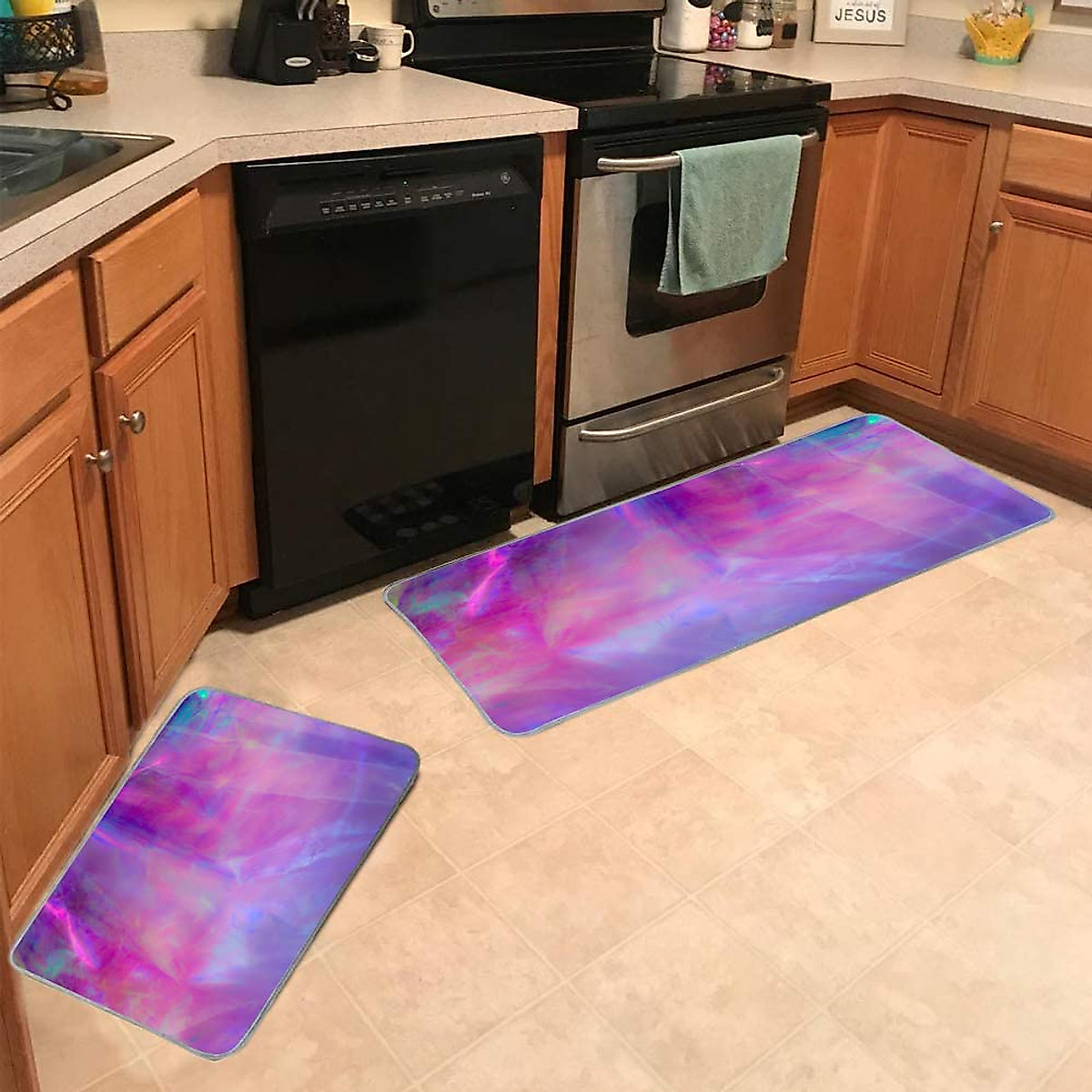 Musesh 2 Pieces Soft Kitchen Rugs,Holographic Background Light Reflection Rainbow Colors Pattern Magical Marbling Iridescent Effect Washable Long Kitchen Mat Set 17"X48"+17"X24" Rugs for Kitchen Floor