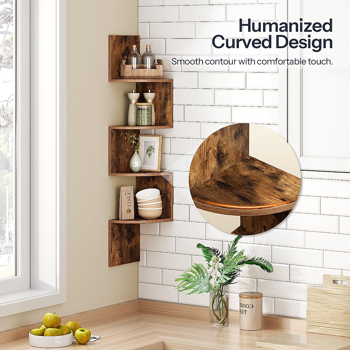 HOOBRO Corner Shelf Wall-Mounted, Set of 2 Floating Corner Shelves, 4-Tier Corner Bookshelves for Wall Decor in Living Room, Bedroom, Bathroom, Home Office, Rustic Brown BF25BJP201